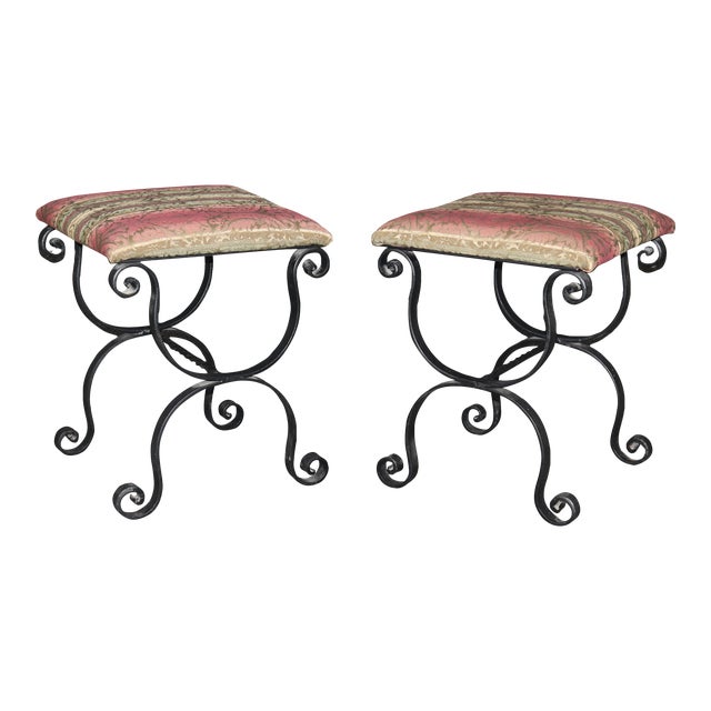 Pair Wrought Iron Upholstered Spanish Colonial Style X Benches | Chairish