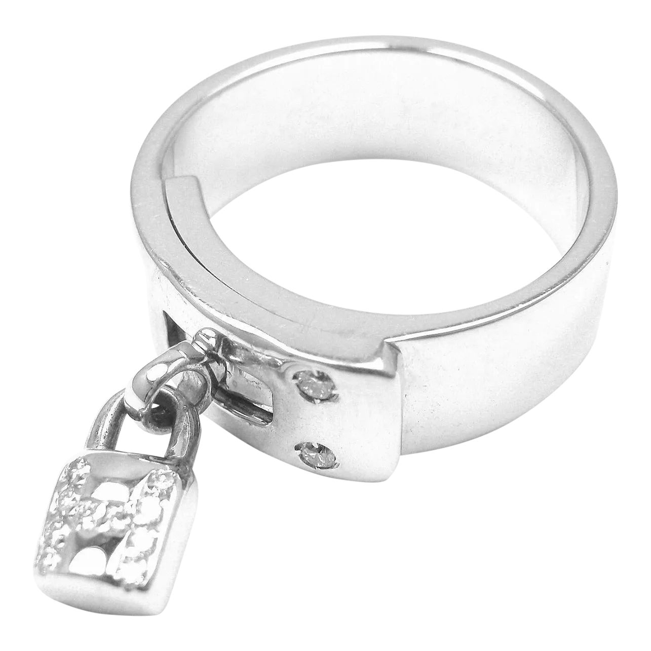 Hermes 18k White Gold Diamond "H" Lock Band Ring Size 5 | Chairish