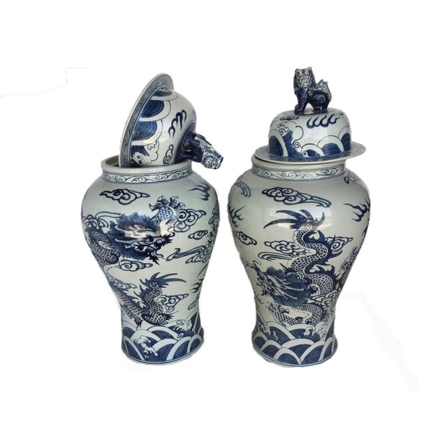 Lg Chinoiserie B & W Porcelain Ginger Jars Dragons Pair 35.5" H | Chairish