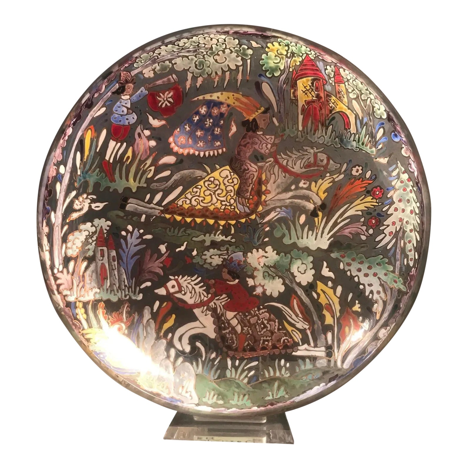 Art Deco Moser Style Glass Plate, Children Riding Horses ...