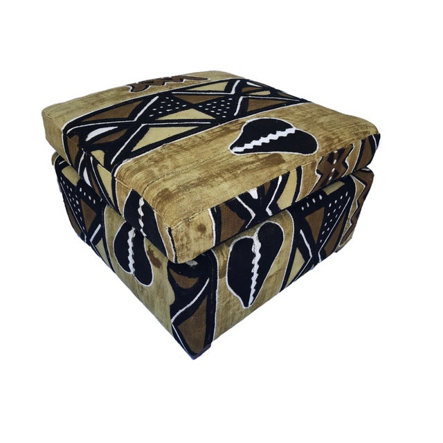Custom Made Ottoman with Brown/Mustard/Black/White Mud Cloth | Chairish