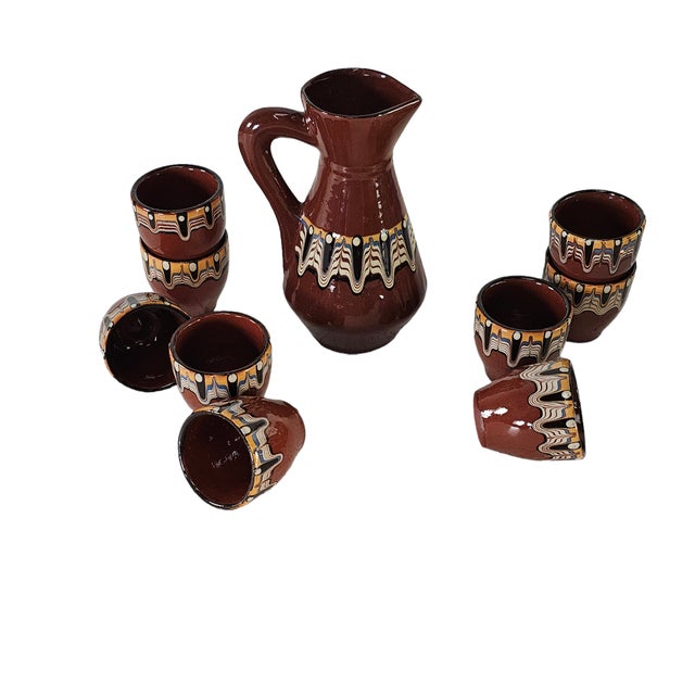Bulgarian Troyan Red Feather Pitcher & Cup Set 9 Cups 12 Oz | Chairish