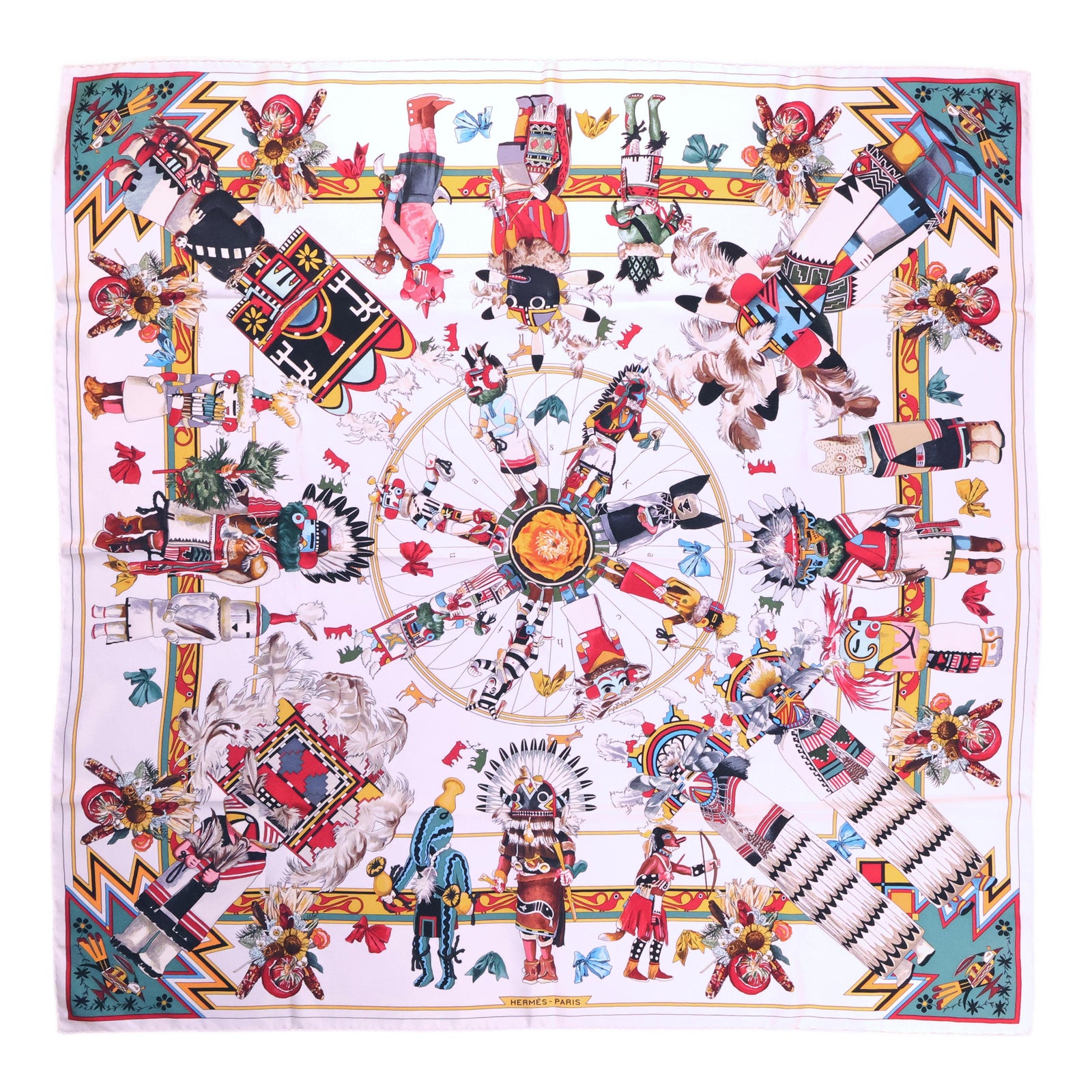 Hermès "Kachinas" 90cm White & Multi Color Silk Scarf by Kermit Oliver ...