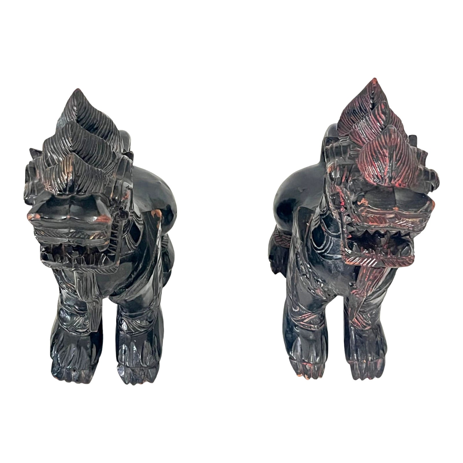 Pair of Antique Chinese Wood Carved Foo Dogs Protectors 19th Century ...