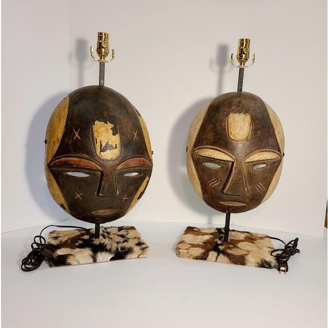 Tribal Mask Lamps and Shades - a Pair | Chairish