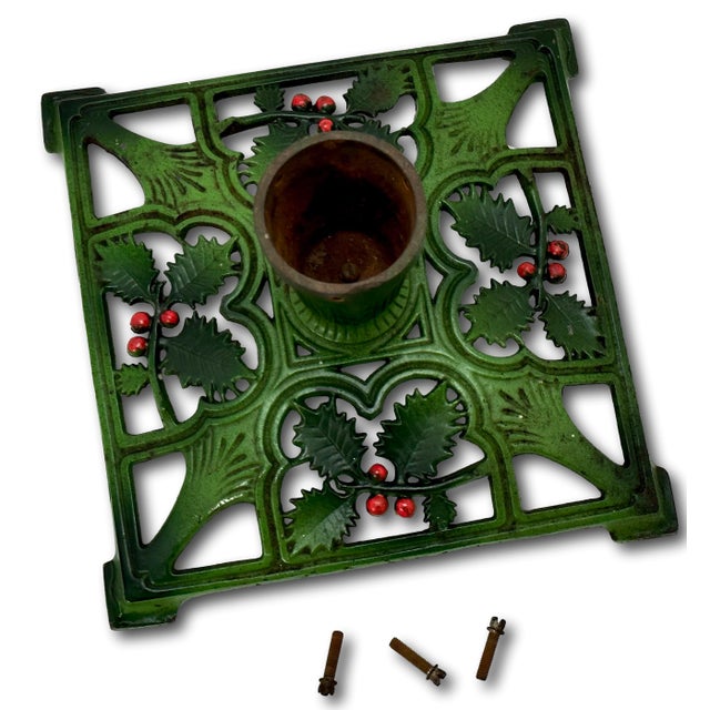 Antique 1920s Cast Iron Holly Leaf & Berry Motif Christmas Tree Stand ...