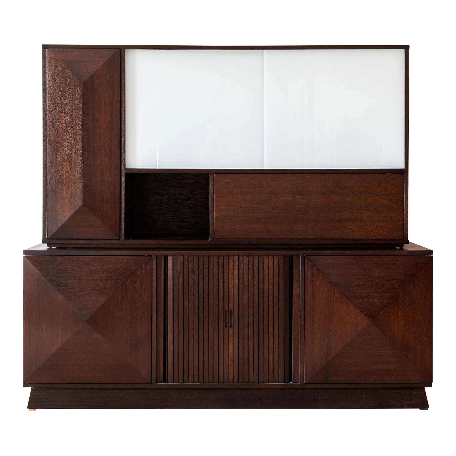 Mid 20th Century Dark Oak and White Glass Storage Cabinet Attributed to ...
