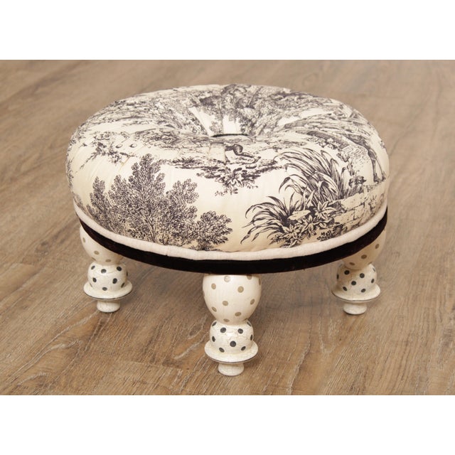 Blue Star Design French Toile Round Foot Stool | Chairish