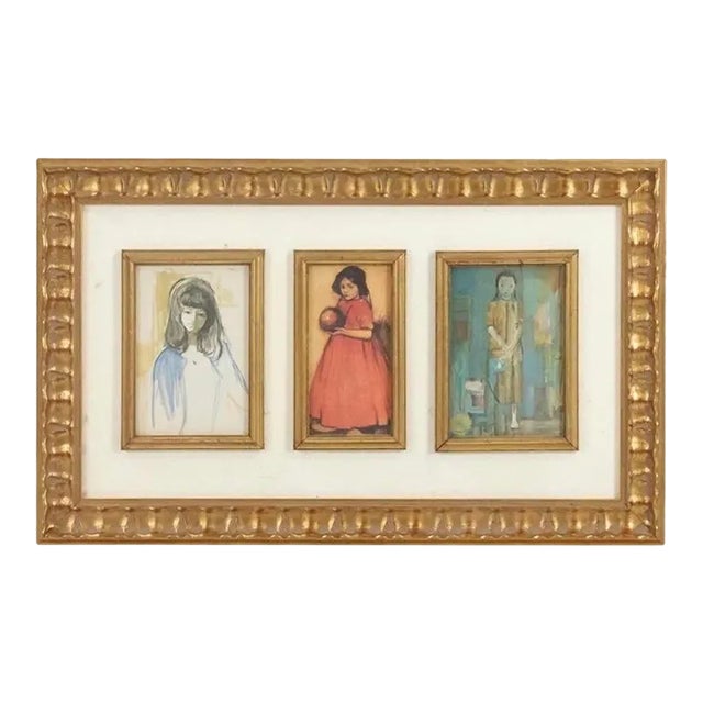 Circa 1960’s Triptych Featuring Mid Century Modern Prints of Women in a Carved Wood Frame | Chairish