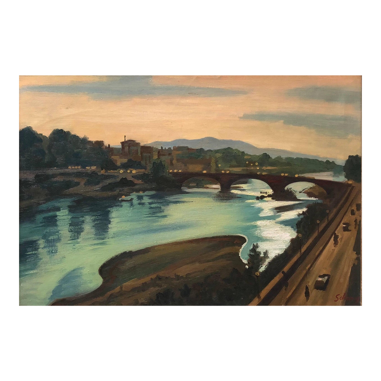Saul ScharyLarge Modernist Oil Painting Bridge over the Water Landscape ...