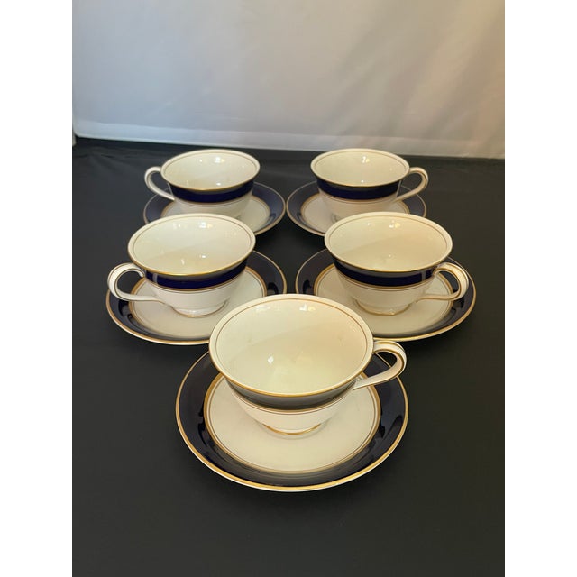 Mid Century Kokura Ware Navy & Gold Cups and Saucers - Set of 5 | Chairish
