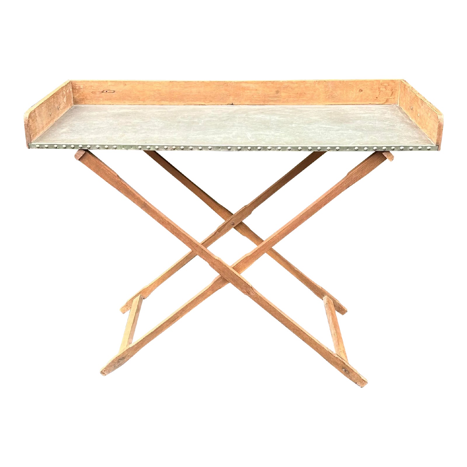 Rustic Zinc Lined Bar Tray on Stand, One of a Kind | Chairish
