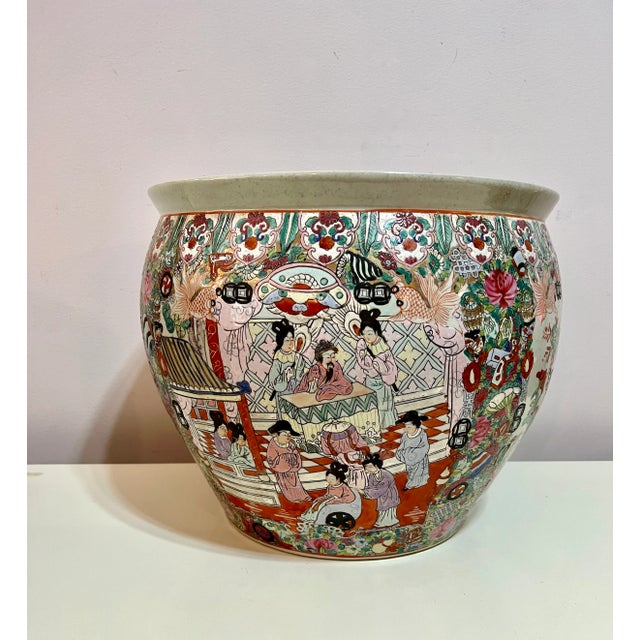 Vintage Chinese Rose Medallion Fish Bowl Planter with Koi Fish | Chairish