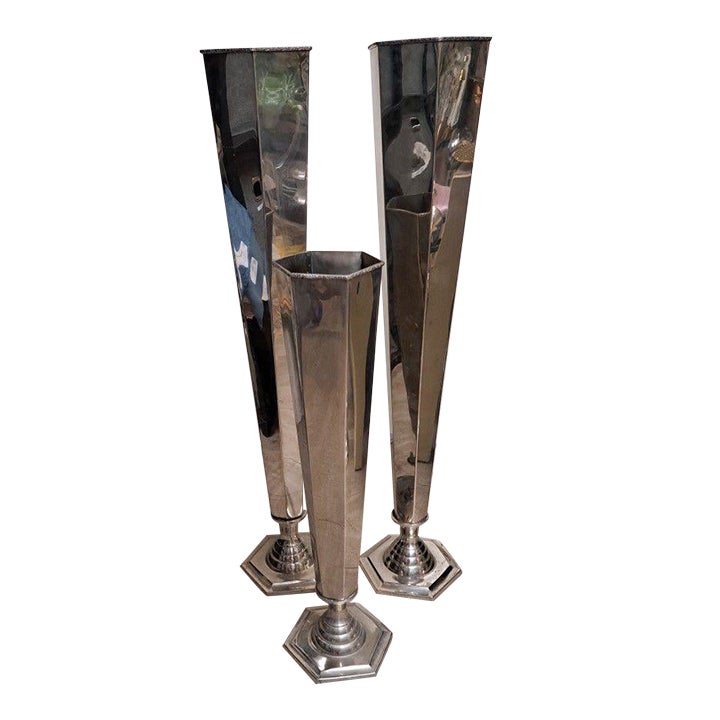 Set of 3 Oversize Vintage Handforged Silverplate Hexagonal Tall Trumpet ...