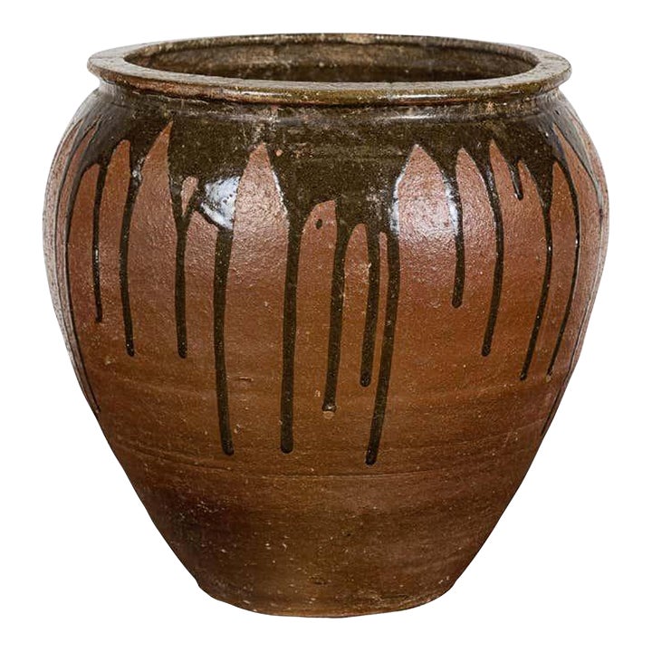 Japanese Tamba Ware Brown Glazed Ceramic Salt Pot Planter with Dripping ...