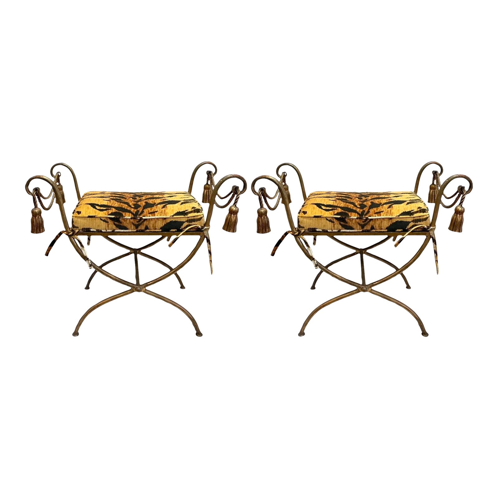 Mid-Century Neo-Classical Style Gilt Metal & Tiger Velvet Benches ...