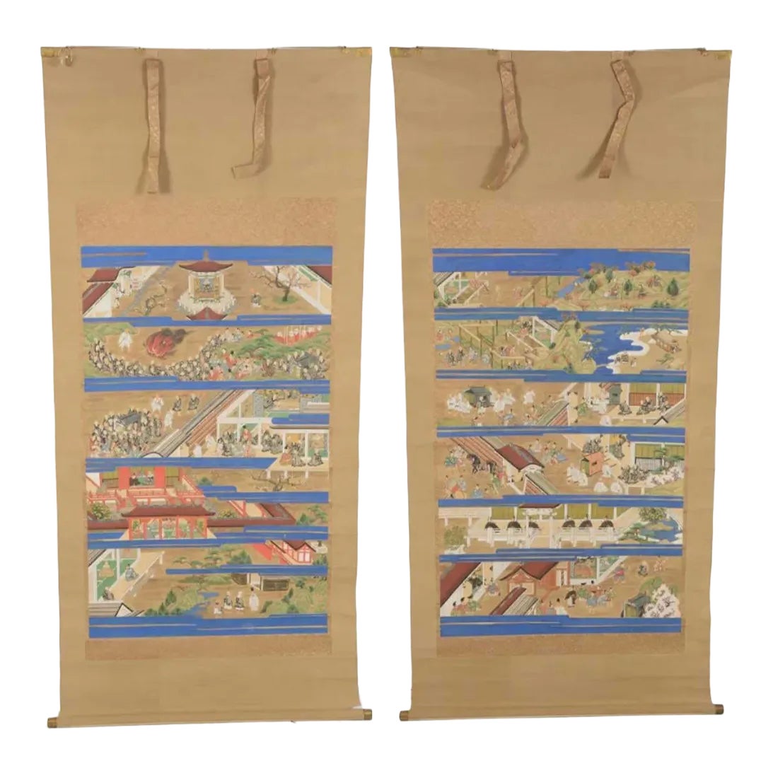 A Pair of Antique Japanese Paintings of the Illustrated Life of Shinran ...