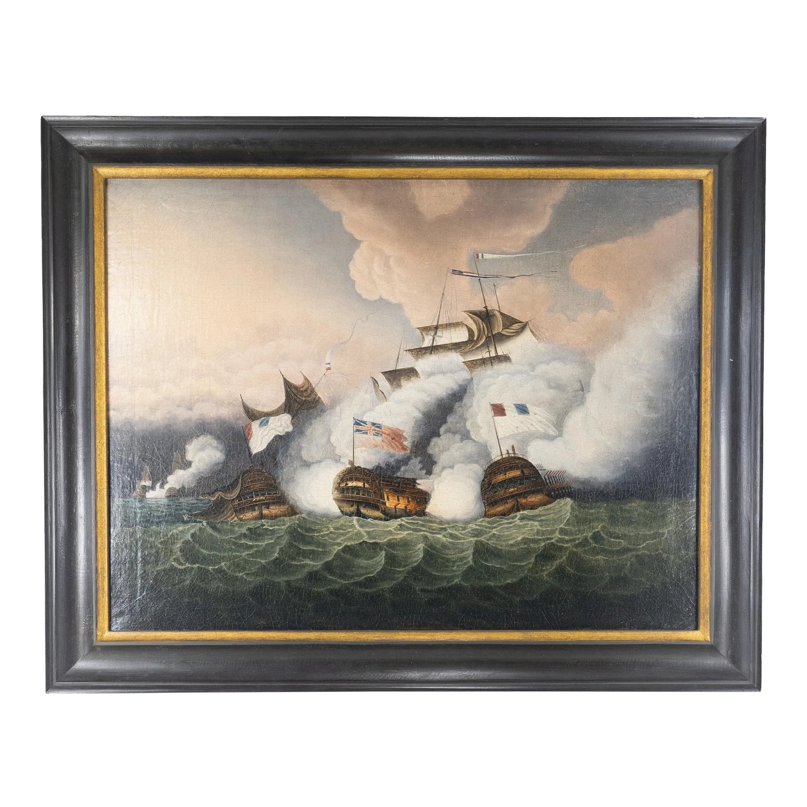 China Trade English Oil Painting of Naval Battle | Chairish