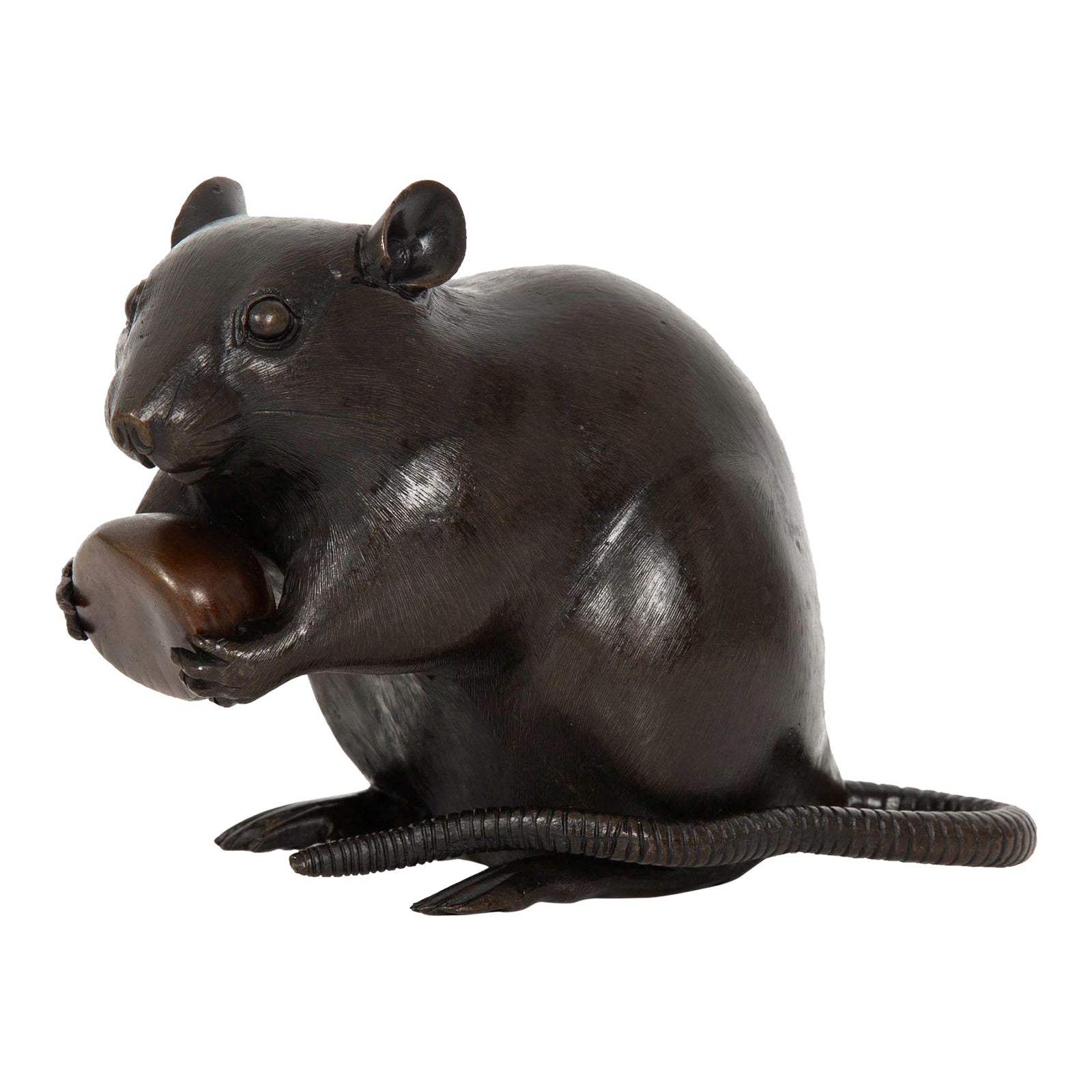 Fine Japanese Meiji Bronze Okimono Sculpture of a Rat With Chestnut ...