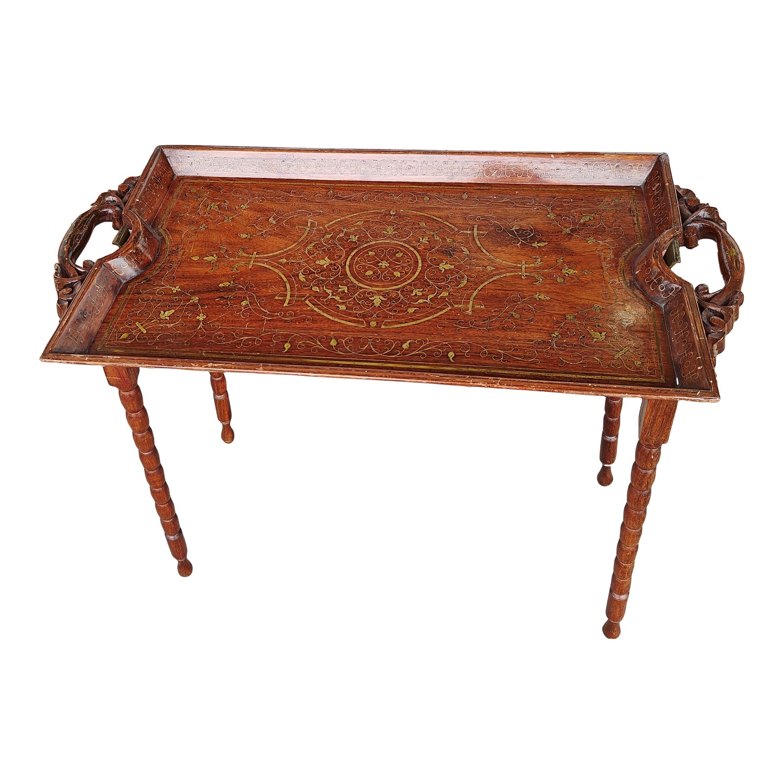 Early 20th Century Antique Butler Tray Table With Ornate Brass Inlay ...