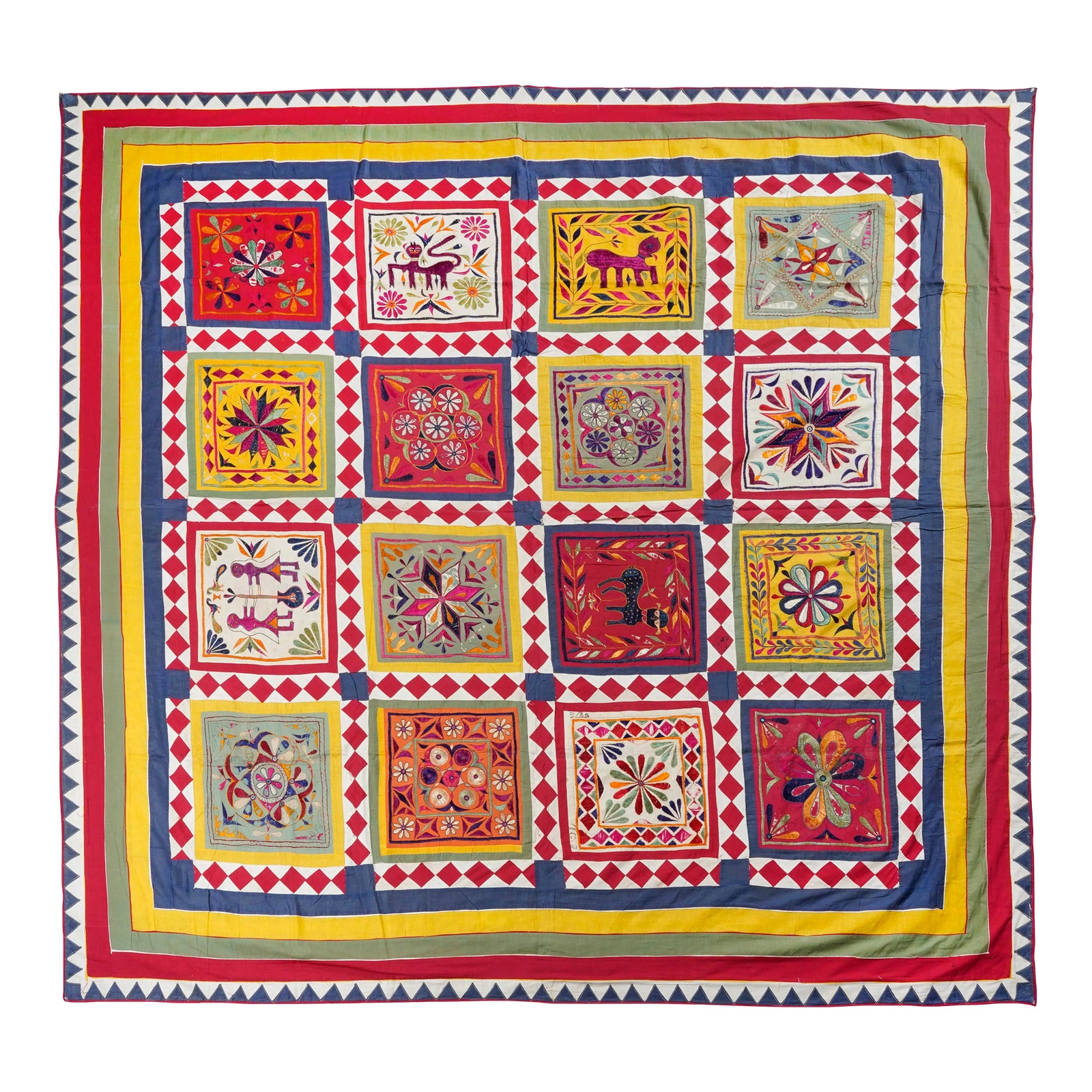 Vintage Floral Motifs Gujarati Hand Embroidered Textile | Chairish