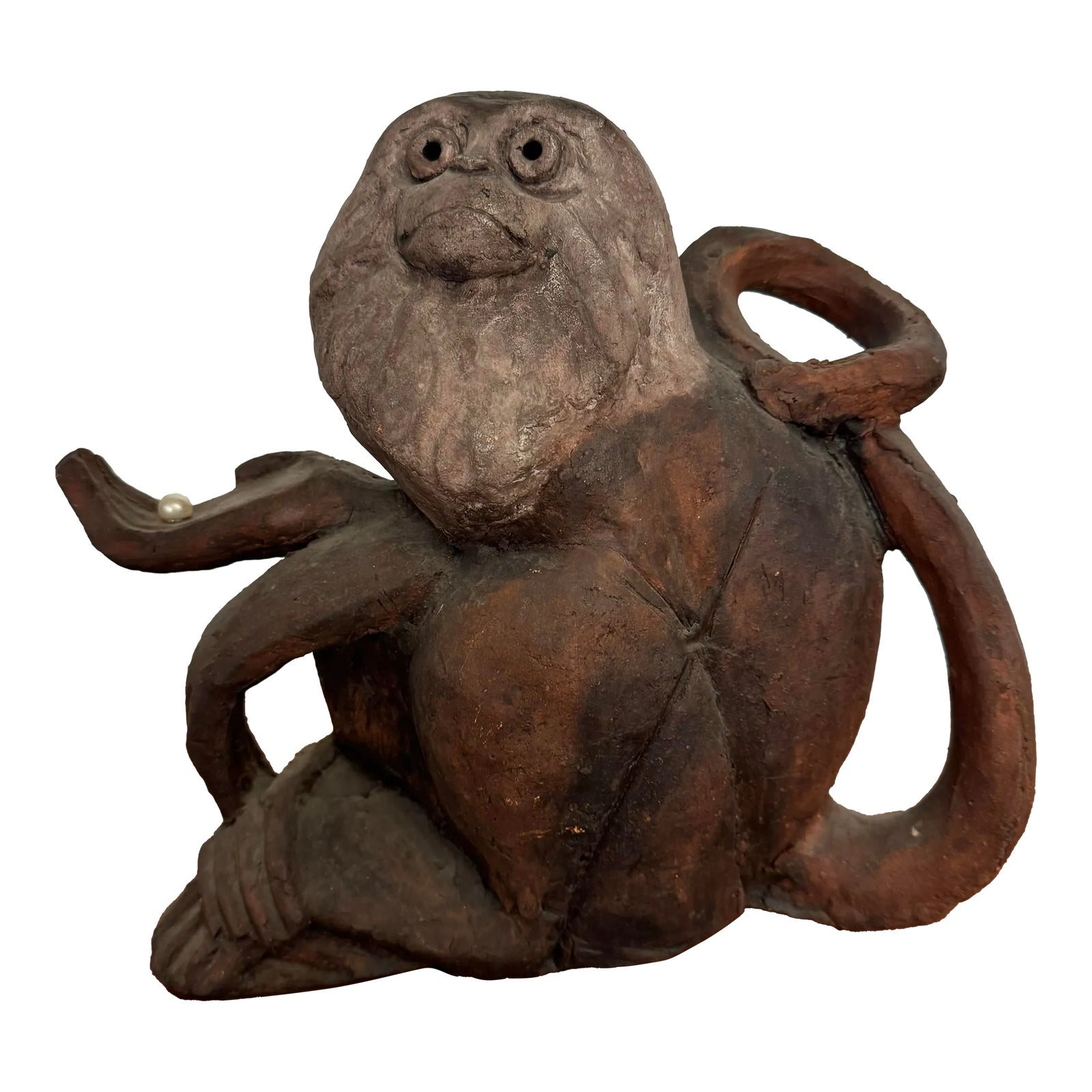 Dane Burr Monkey With Pearl Ceramic Sculpture | Chairish