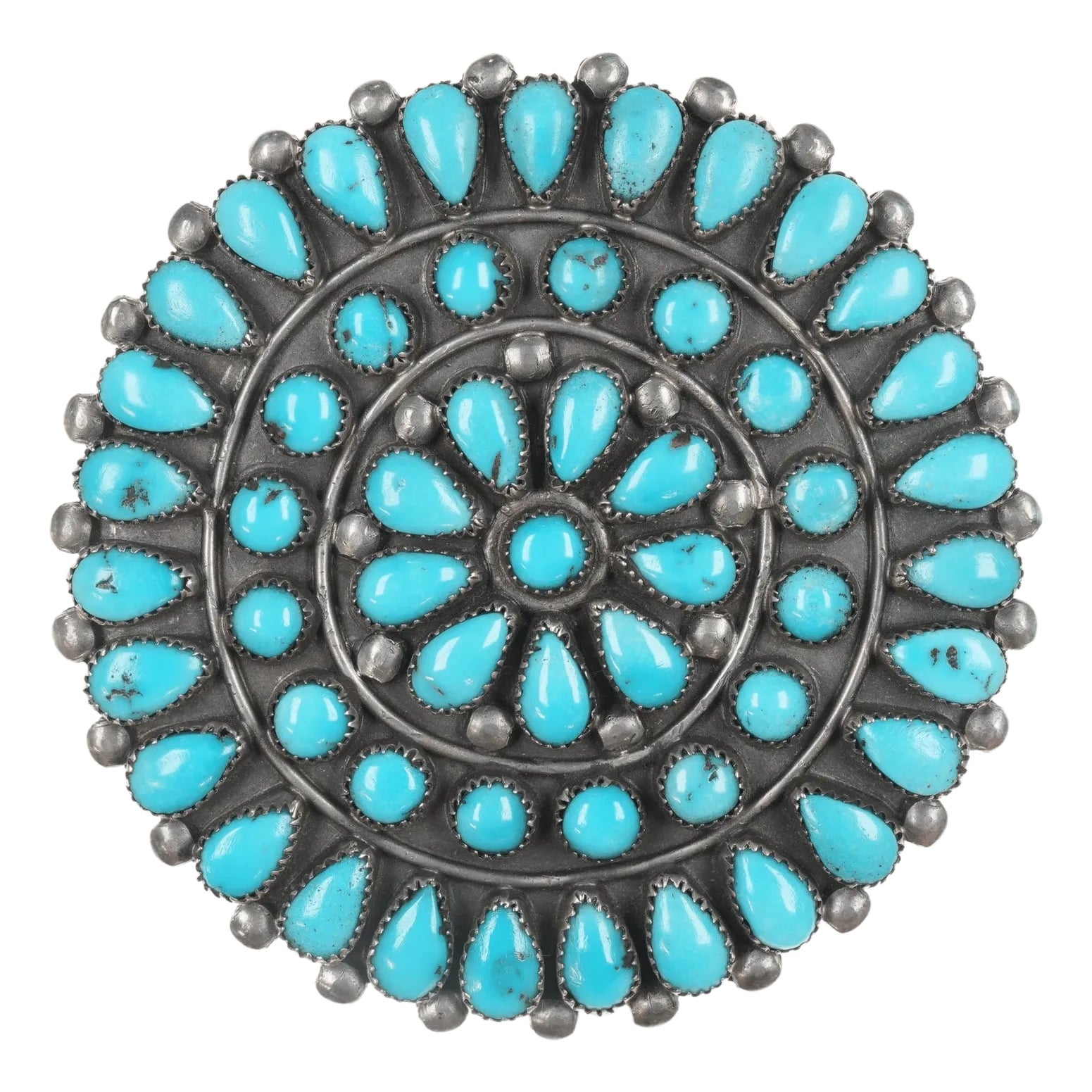 Large Vintage Zuni sterling Natural turquoise cluster pin | Chairish