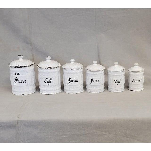 Antique French White and Blue Enamel Canister Set - 6 Pieces | Chairish