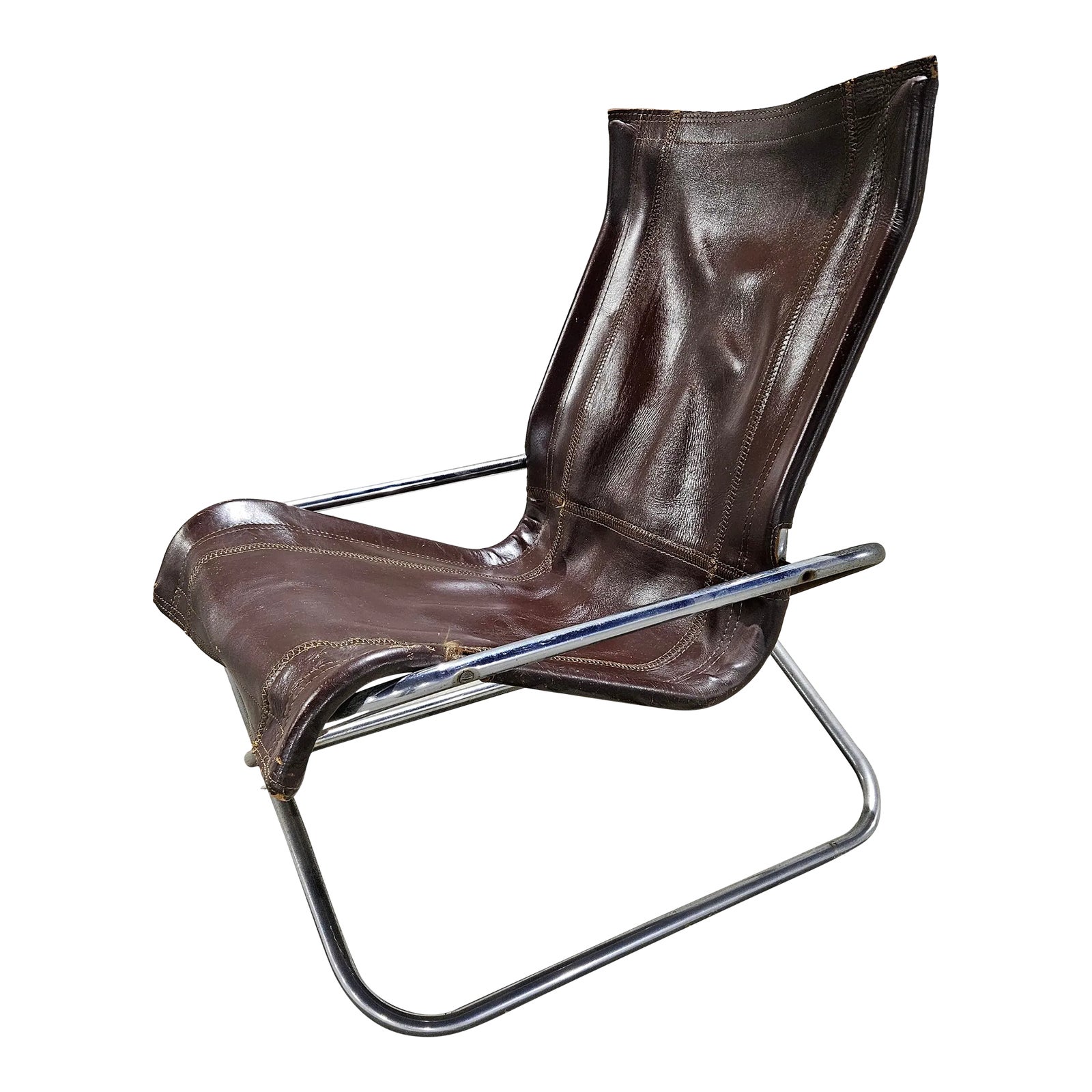 Vintage Chrome and Leather Folding Tubular Steel Chair Attributed to ...