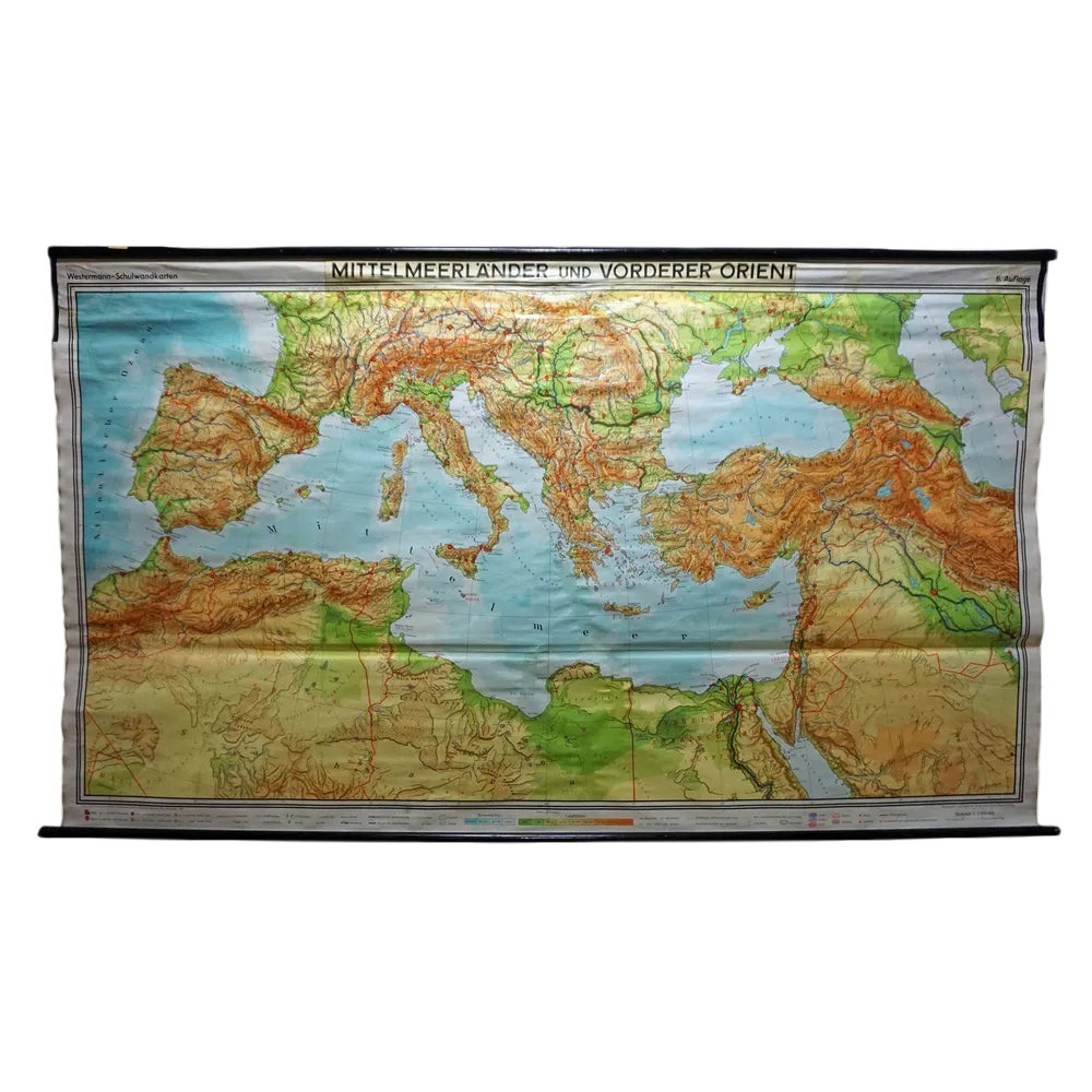 Vintage Mural Map Mediterranean Sea Near East Countries Rollable Wall ...