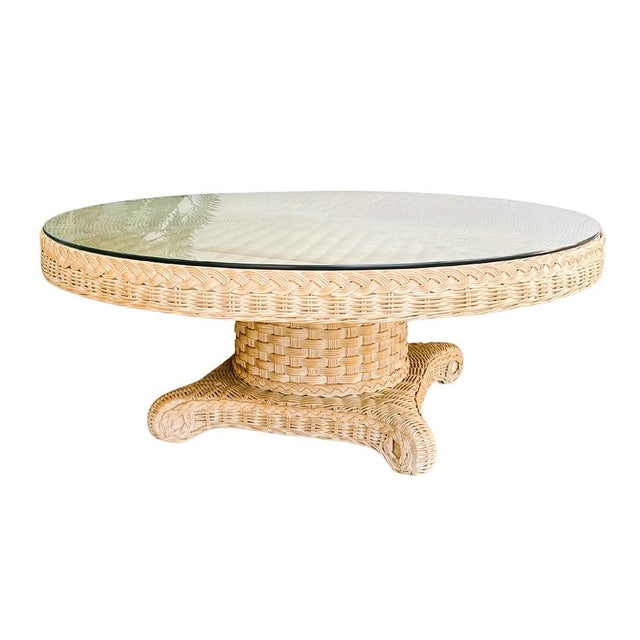 Round Woven Rattan Wicker Coffee Table With Glass Top | Chairish