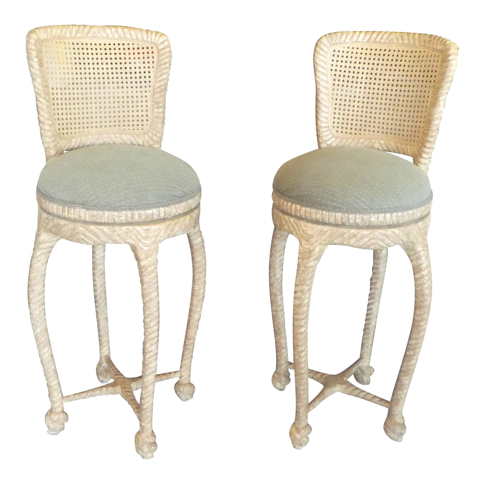 Vintage Chic Twisted Rope Wood Bar Stools - a Pair | Chairish
