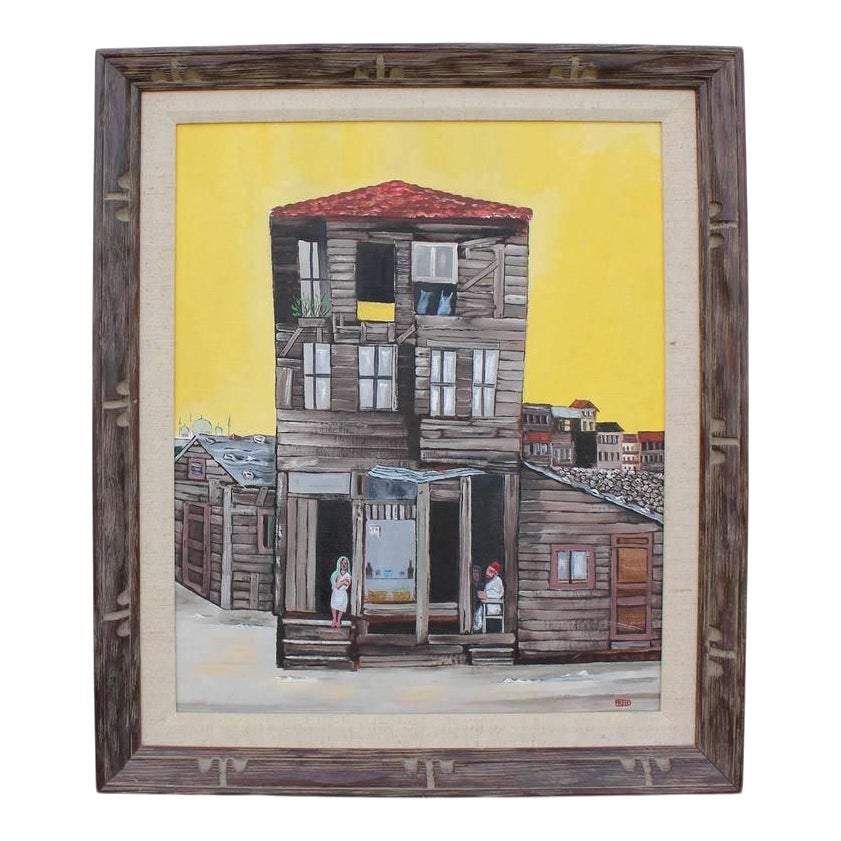 "Istanbul Tenement" Architectural Yellow Toned Painting | Chairish