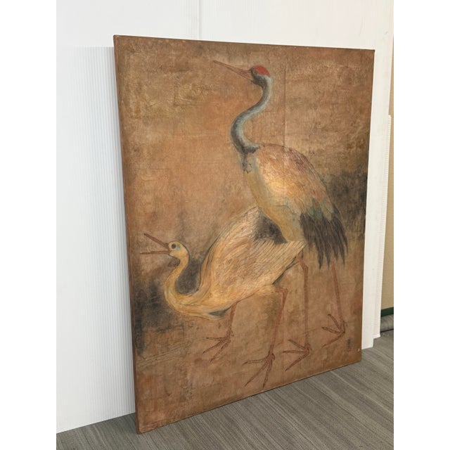 Large Scale Artwork of Two Cranes in Action, Gouache on Paper | Chairish