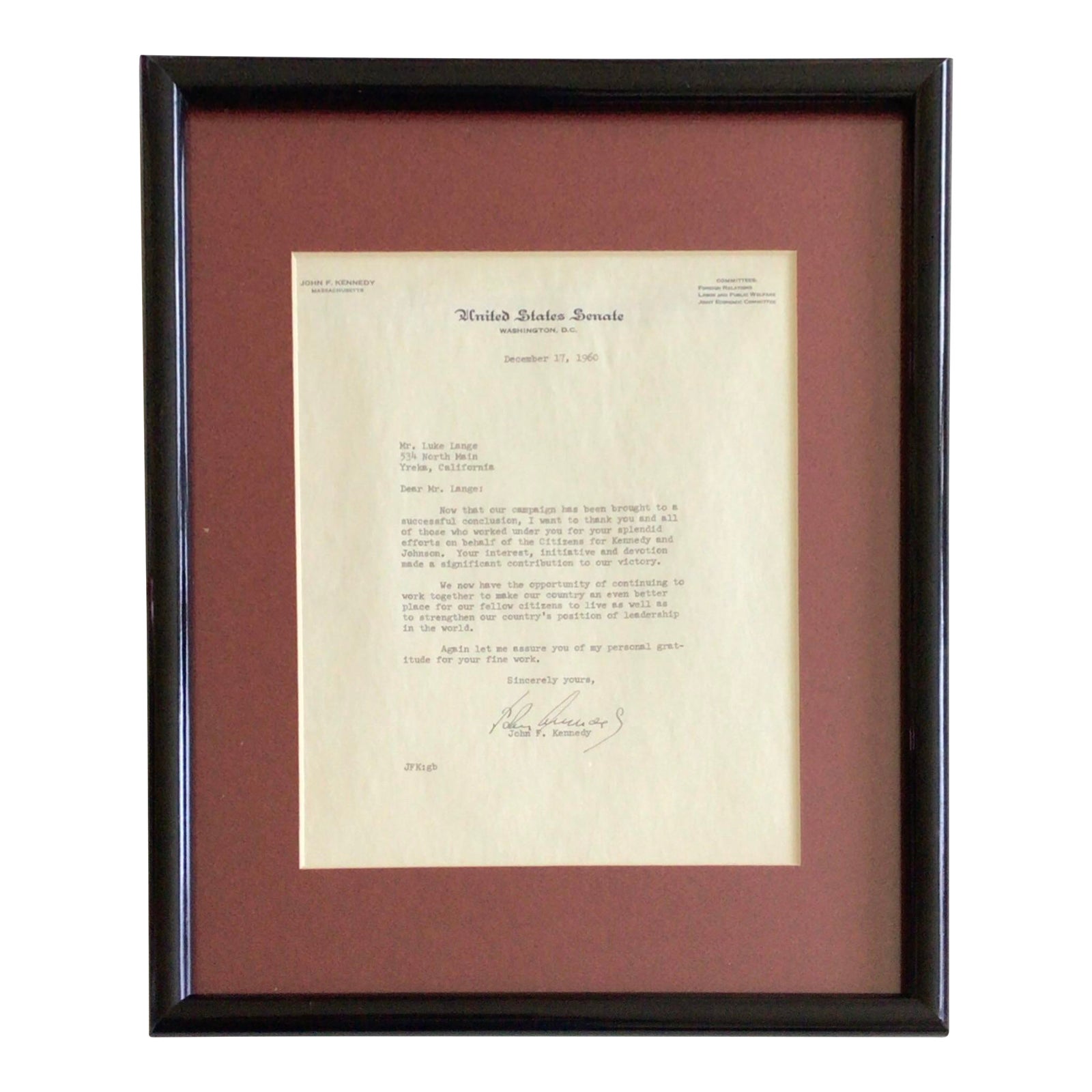 1960 Dec.17 John F. Kennedy Autopen Signed Campaign Appreciation Letter ...