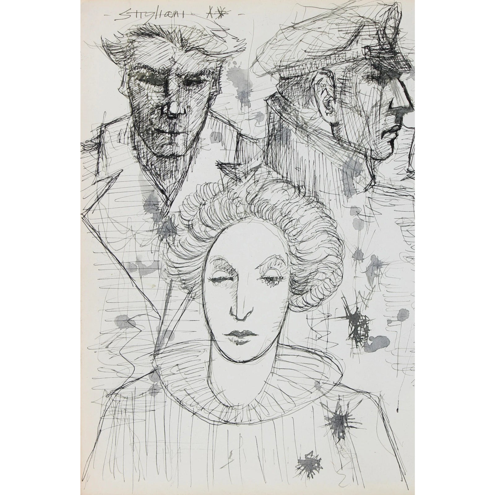 Portrait Drawing of Three Heads Late 20th Century Ink | Chairish