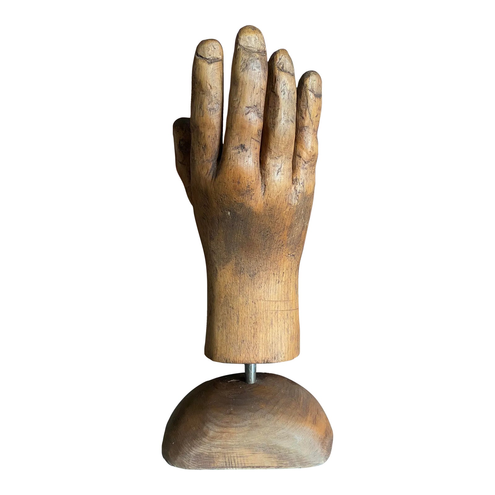 Rustic Weathered Folk Art Carved Wood Sculpture of a Hand | Chairish