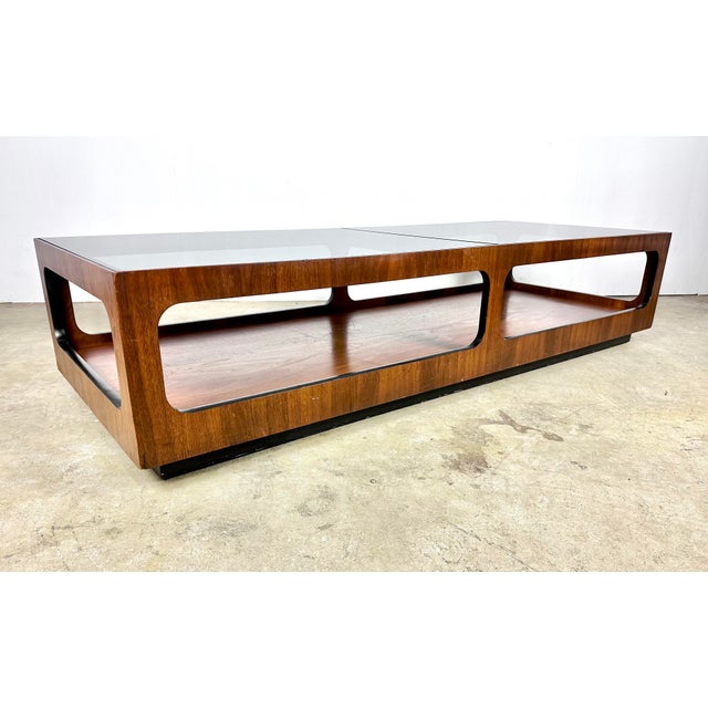 1970’s Mid Century Modern Walnut and Smoked Glass Plinth Coffee Table ...
