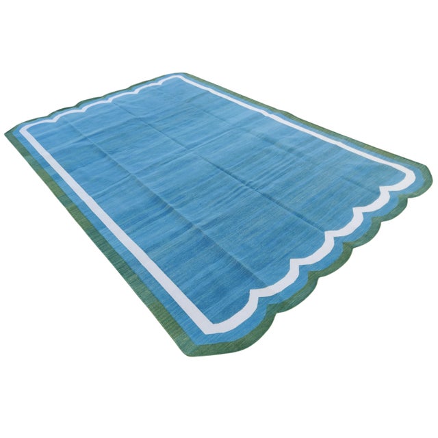 Handmade Cotton Vegetable Dyed Scalloped Edge Rug Teal Blue With Cream ...