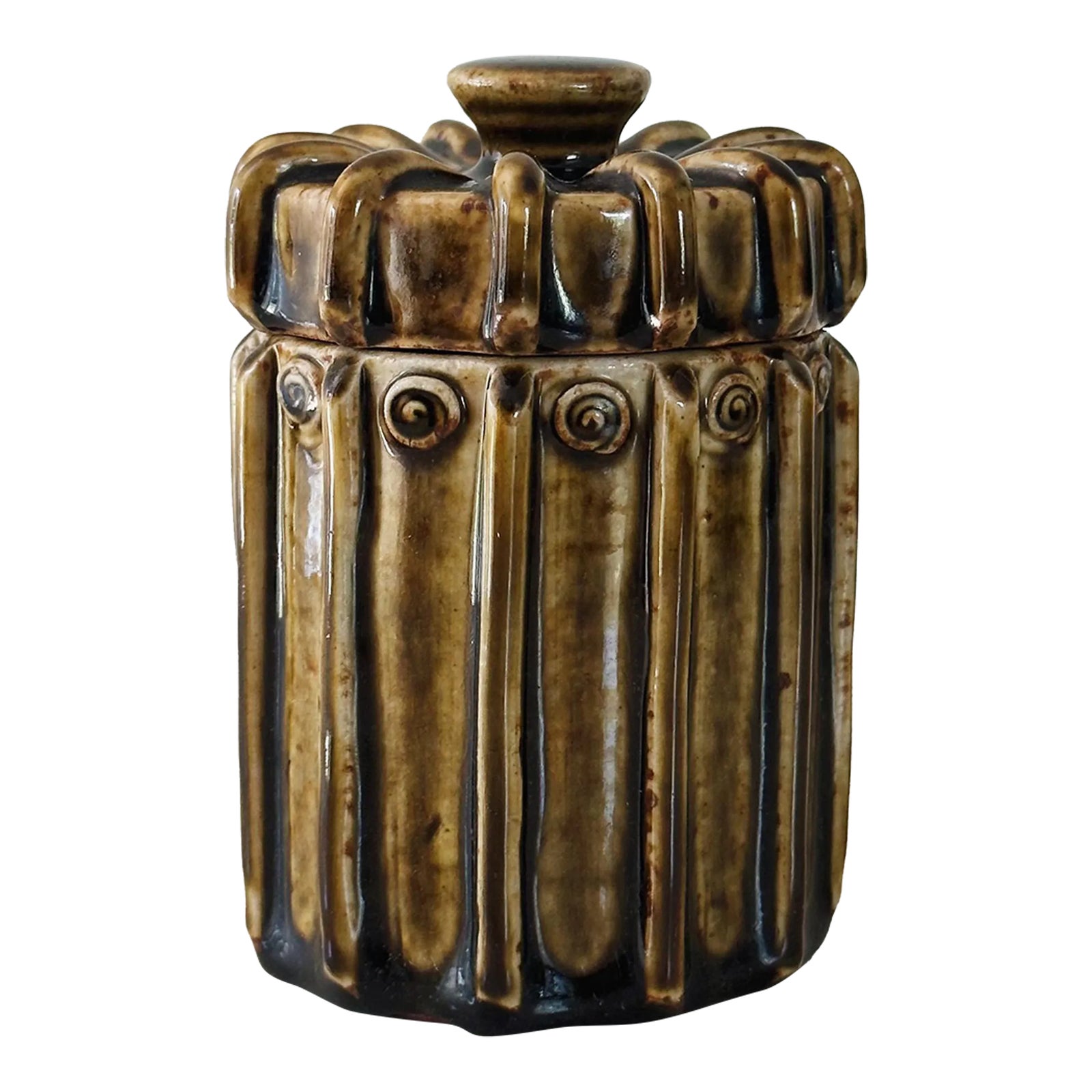 Mid-Century Pottery Lidded Crown Jar in Green Ochre Glaze | Chairish