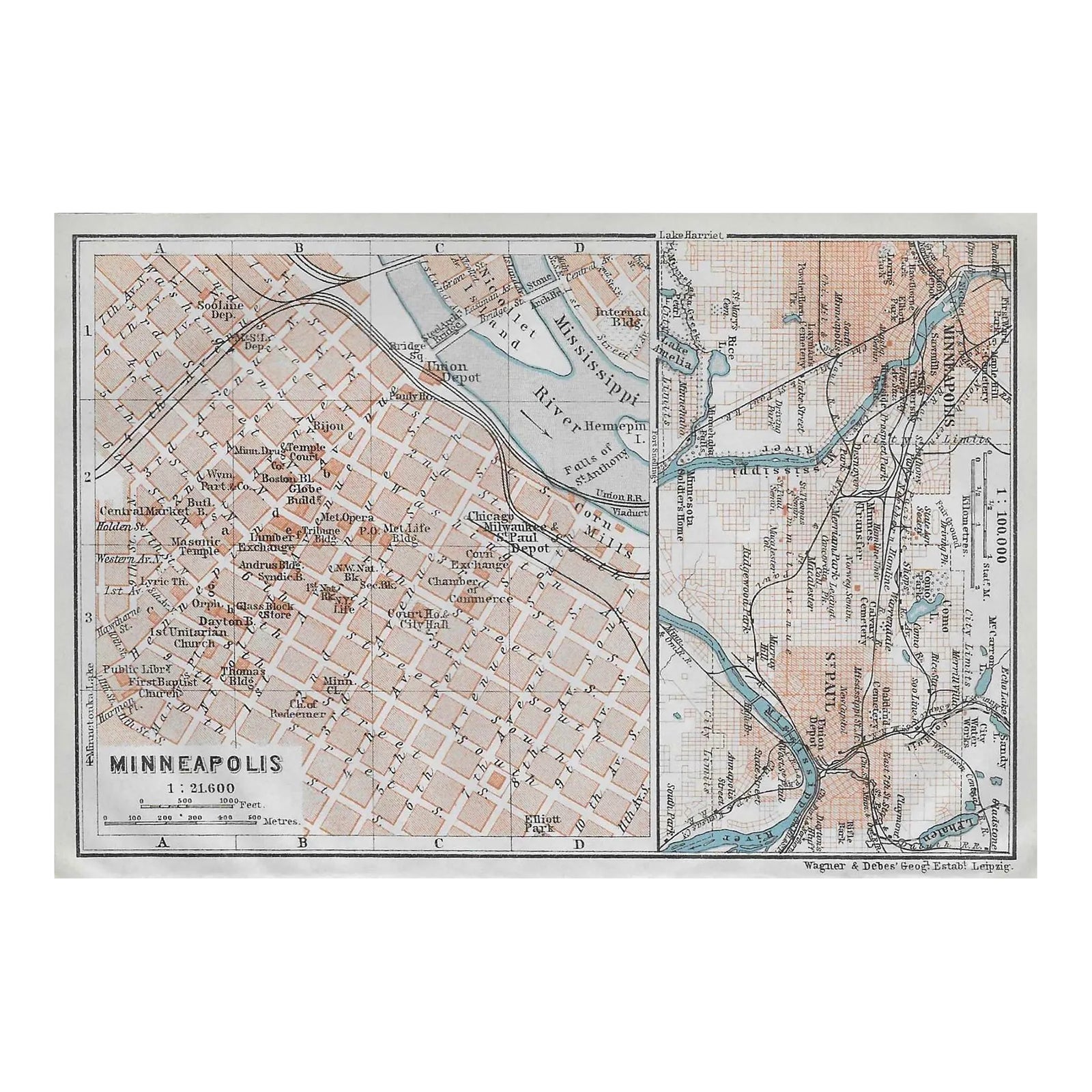 1909 Minneapolis & Twin Cities Antique Map | Chairish