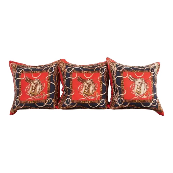 Set of Three Large Ralph Lauren Equestrian Silk Scarf Pillows | Chairish