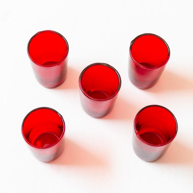 Vintage Red Handblown Shot Glasses- Set of 5 | Chairish