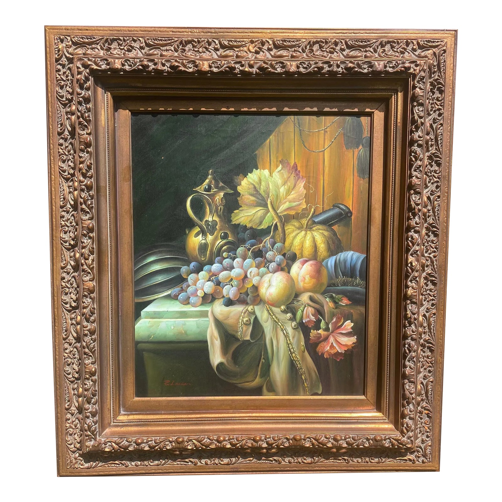 Mid 20th Century Tabletop Still Life with Fruit Oil Painting, Framed ...