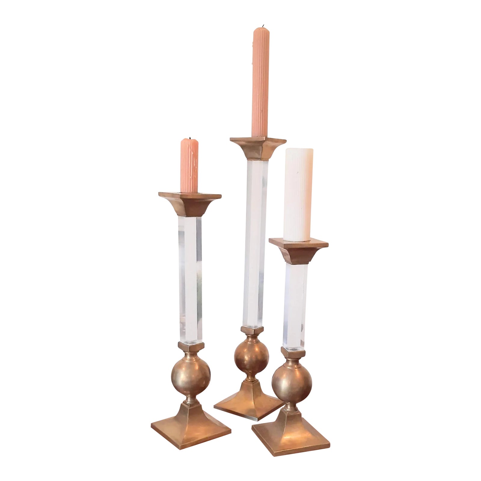 Vintage Brass and Lucite Candlesticks Set 3 Xl Candle Holders | Chairish