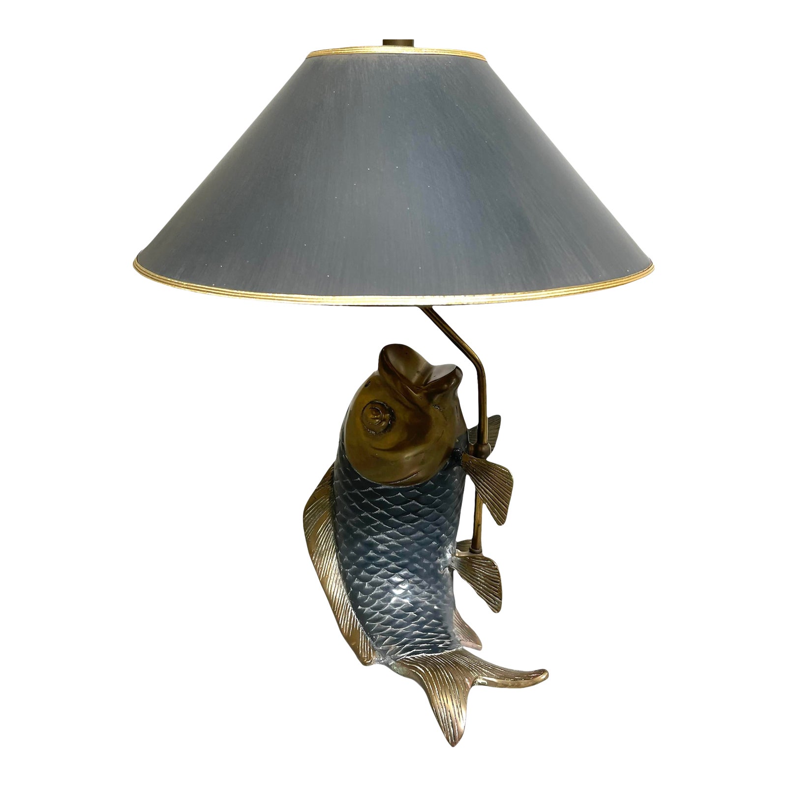 Brass and Pewter Koi Fish Lamp With Shade | Chairish