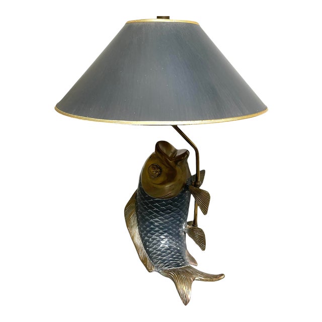 Brass and Pewter Koi Fish Lamp With Shade | Chairish
