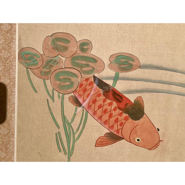 Chinese Koi Fish Painted Silk Folding Screen | Chairish