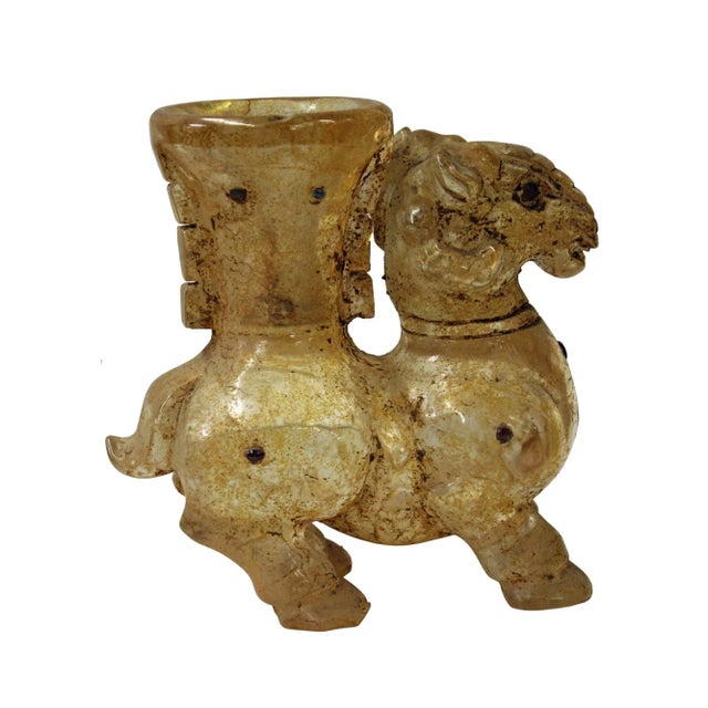 Chinese Clear Crystal Glass Vintage Dusty Finish Ram Jar Figure | Chairish