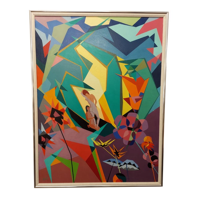 1960s Florida Artist Joseph O. Brun Large Oil Painting " Gardon of Eden ...